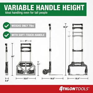 ATHLON TOOLS Aluminium Hand Truck Foldable Hand cart - Smooth-Running Wheels with Soft treads - incl. 2 Expanding Cords