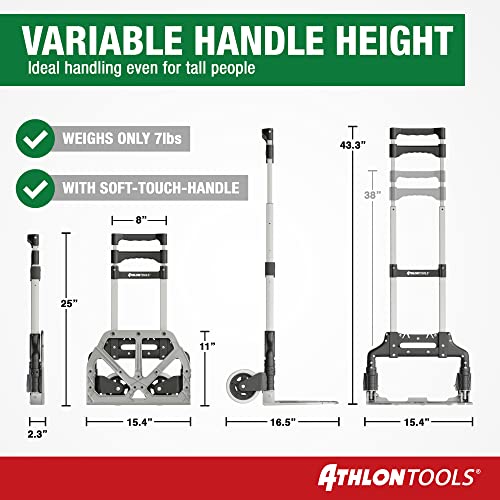 ATHLON TOOLS Aluminium Hand Truck Foldable Hand cart - Smooth-Running Wheels with Soft treads - incl. 2 Expanding Cords