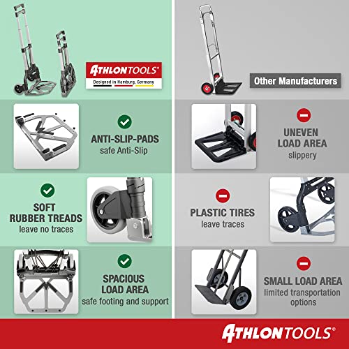 ATHLON TOOLS Aluminium Hand Truck Foldable Hand cart - Smooth-Running Wheels with Soft treads - incl. 2 Expanding Cords