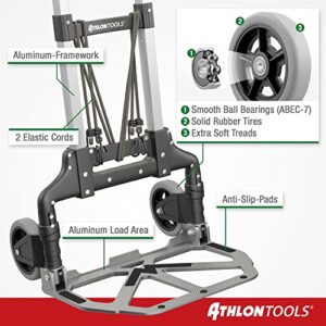 ATHLON TOOLS Aluminium Hand Truck Foldable Hand cart - Smooth-Running Wheels with Soft treads - incl. 2 Expanding Cords