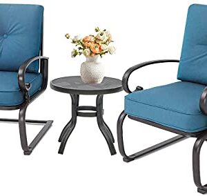 Oakmont Outdoor Bistro Set 3-Piece Spring Metal Lounge Cushioned Chairs and Bistro Table Set Wrought Iron Cafe Furniture Seat,Peacock Blue