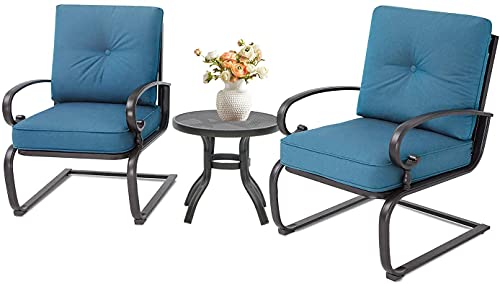 Oakmont Outdoor Bistro Set 3-Piece Spring Metal Lounge Cushioned Chairs and Bistro Table Set Wrought Iron Cafe Furniture Seat,Peacock Blue