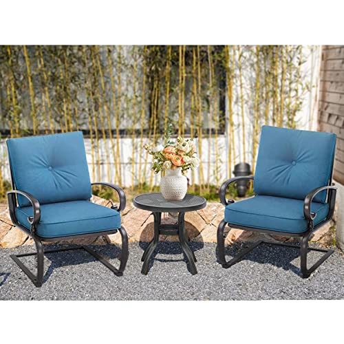 Oakmont Outdoor Bistro Set 3-Piece Spring Metal Lounge Cushioned Chairs and Bistro Table Set Wrought Iron Cafe Furniture Seat,Peacock Blue