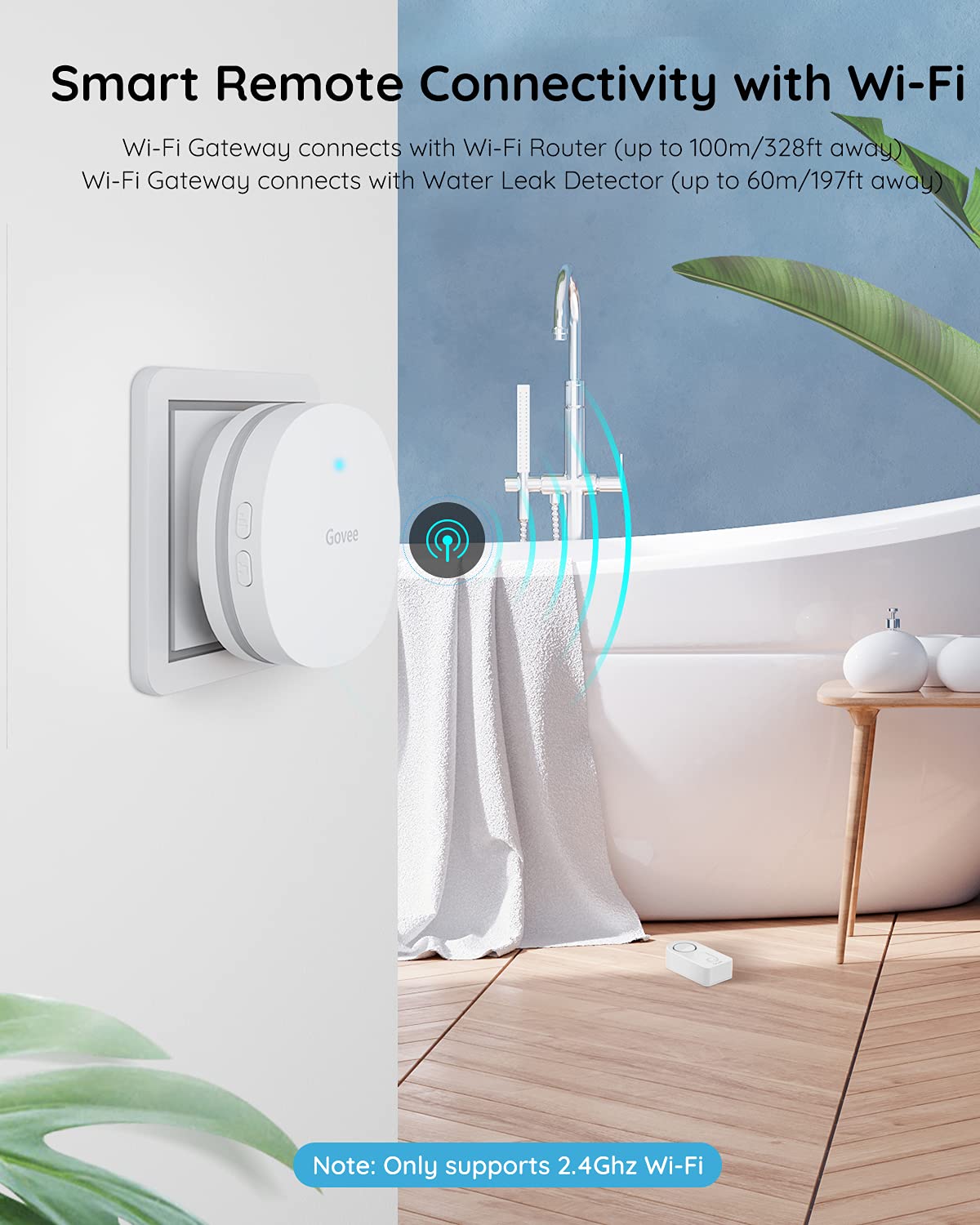 Govee WiFi Water Sensor, 100dB Adjustable Audio Alarm and Smart App Alerts, Leak and Drip Alert with Email, Detector for Home, Basement(Not Support 5G WiFi)