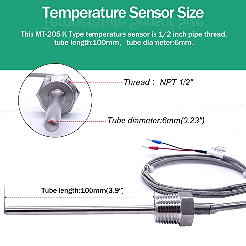 Twidec/2M NPT 1/2"inch (6X100MM) Pipe Thread Temperature Sensor Probe Two Wire Temperature Controller (0~600℃) 304 Stainless Steel K Type Thermocouple MT-205-1/2