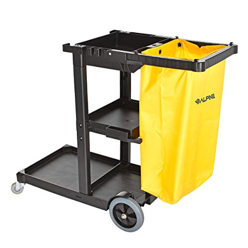 Alpine Housekeeping Cart - Tradiotional Janitorial Cleaning Cart - 3 Large Shelves - Commercial Rolling Janitor Caddy with Vinyl Bag - Custodial Utility Carts (Traditional Cart)