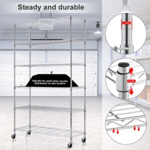 6 Tier Wire Shelving Unit Rack NSF Heavy Duty Height Adjustable Storage Shelf Metal Shelving with Wheels/Feet Levelers Garage Rack Kitchen Rack Office Rack Commercial Shelving - Chrome - 48x18x82