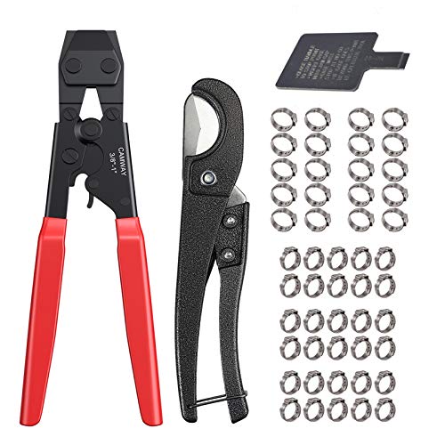 CAMWAY PEX Crimping Cinch Tool & PEX Cutter with 50PCS Ear Hose Clamps 1/2" 3/4" for Fastening Stainless Pipe Clamps from 3/8-Inch to 1-Inch