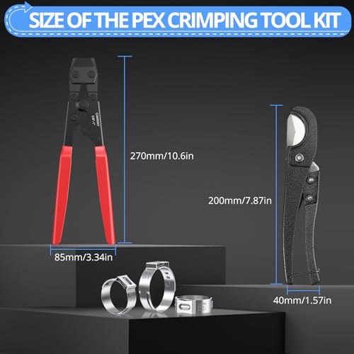 CAMWAY PEX Crimping Cinch Tool & PEX Cutter with 50PCS Ear Hose Clamps 1/2" 3/4" for Fastening Stainless Pipe Clamps from 3/8-Inch to 1-Inch