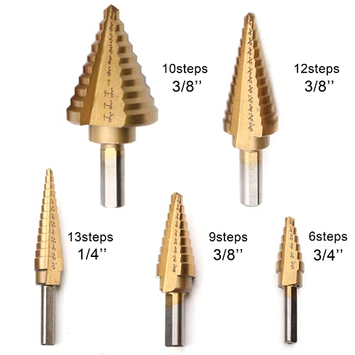 Yangoutool 5PCS Titanium Step Drill Bit Set with Automatic Center Punch,Multiple Hole 50 Sizes Stepped Up Bits,High Speed Steel Drill Bits with Aluminum Case