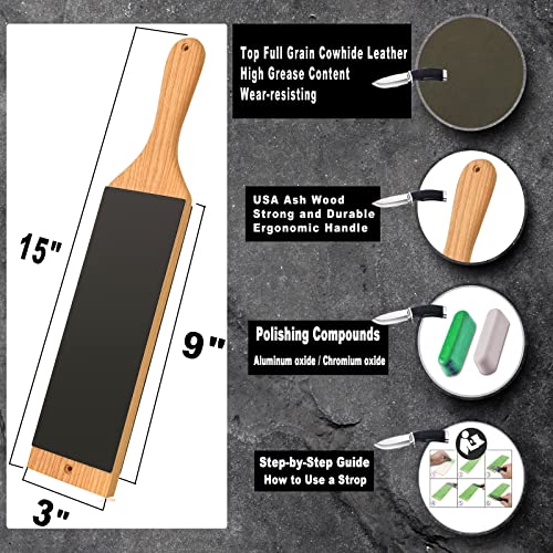 LAVODA Leather Strop Paddle for Knife Sharpening with Polishing Compound 3" by 15" Large Double Sided Stropping Kit -Knife Strop Stropping Block and Stropping Compound for Honing Woodworking