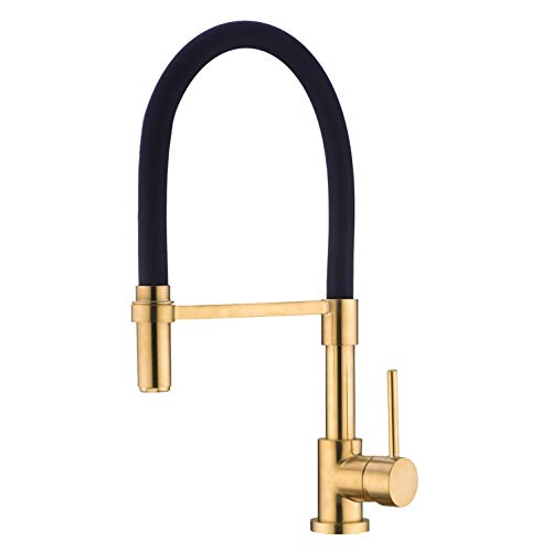 WENKEN Brushed Gold Kitchen Sink Faucet with Pull Down Spray, Solid Brass Kitchen Faucet, Gold and Black Kitchen Faucet