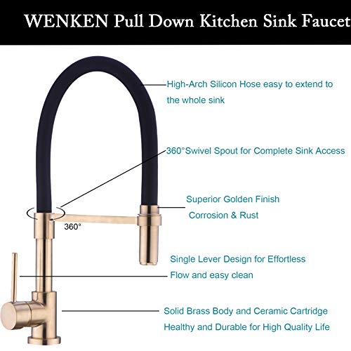 WENKEN Brushed Gold Kitchen Sink Faucet with Pull Down Spray, Solid Brass Kitchen Faucet, Gold and Black Kitchen Faucet