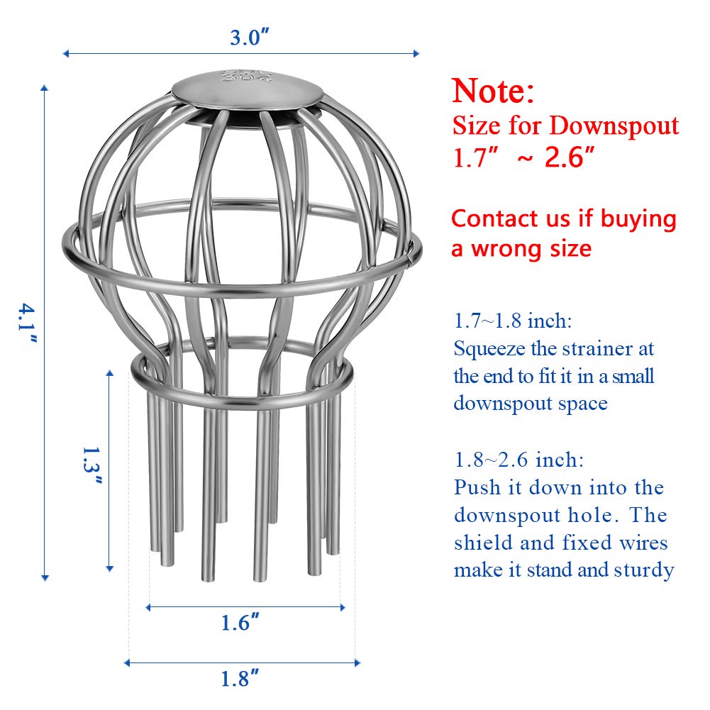 Gutter Guard 2 Inch 304 Stainless Steel Filter Strainer Fits for 1.7" ~ 2.6" Round Downspout, Stops Leaves Seeds and Other Debris Gutter Cleaning Tool – 4 Pack