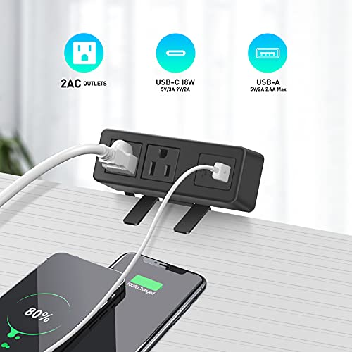 Desk Edge Power Strip with 1 USB 1 USB-C 20W PD Faset Charging Port Removable Clamp Power Outlet Socket 6.5 ft Extension Cord Connect 2 Plugs for Home Office Reading