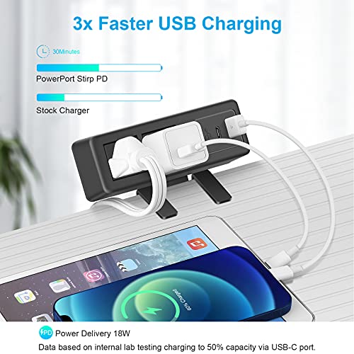 Desk Edge Power Strip with 1 USB 1 USB-C 20W PD Faset Charging Port Removable Clamp Power Outlet Socket 6.5 ft Extension Cord Connect 2 Plugs for Home Office Reading