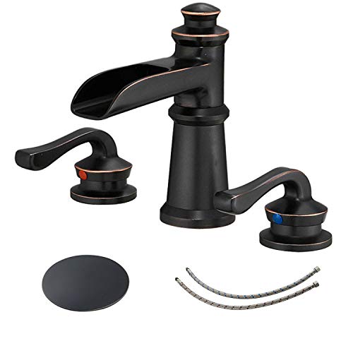 BWE Waterfall Widespread Bathroom Faucet 3 Hole Sink Farmhouse with Oil Rubbed Bronze Bath Bathtub Faucets Pop Up Drain Stopper Assembly and Supply Line Lead-Free 8-16 Inch 2 Handle Vanity Lavatory