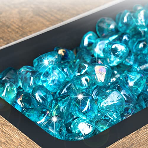 GASPRO 10 Pound Fire Glass Diamonds 1 Inch, Fire Pit Glass Rocks for Gas Fireplace and Fire Pit, Caribbean Blue, High Luster