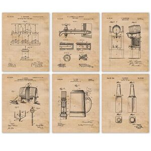 vintage beer brew patent prints, 6 (8x10) unframed photos, wall art decor gifts under 20 for home office garage shop man cave studio lounge bartender student teacher ale ipa fan