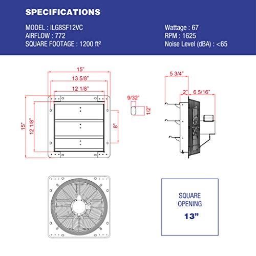 iLiving 12" Shutter Exhaust Fan with Wireless Smart Remote Controlled Thermostat and Humidity, Variable Speed Wall Mounted Attic Vent Fan, Chicken Coop Ventilation, 960 CFM, 1400 SQF Coverage Area