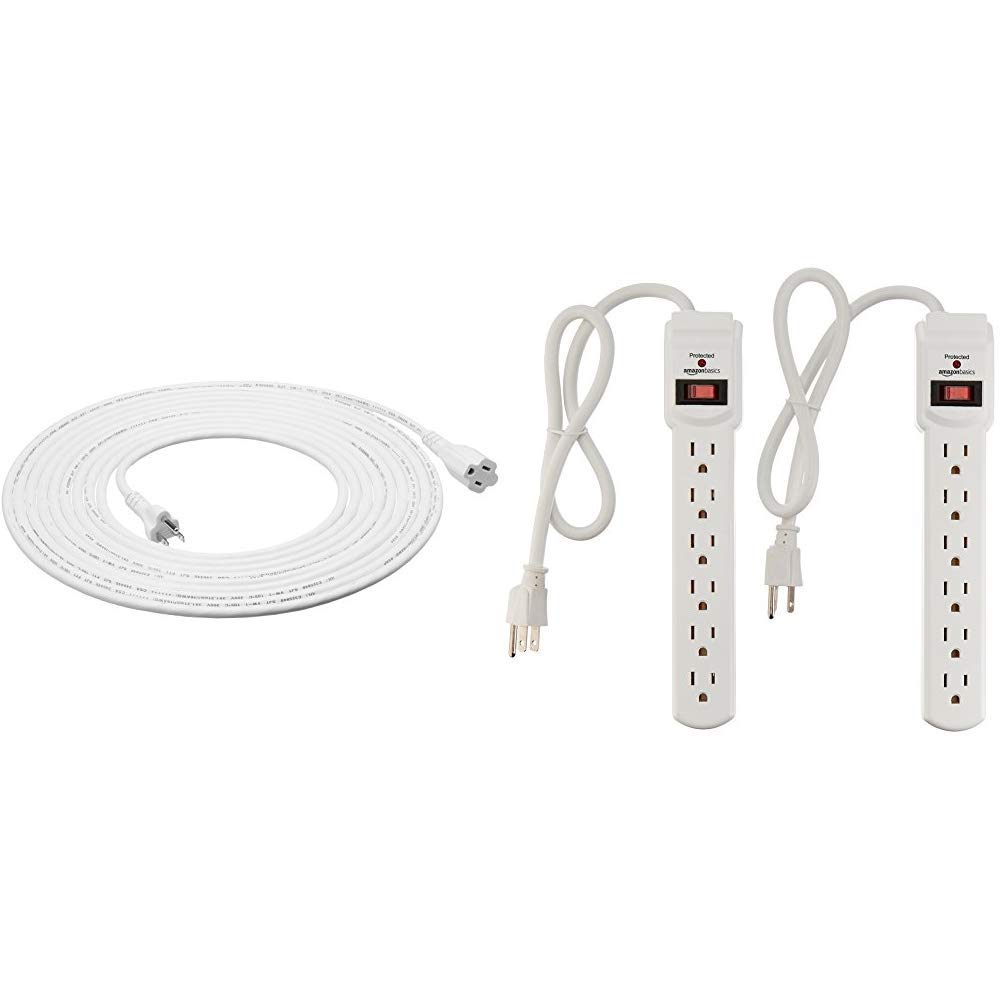 Amazon Basics Extension Cord - 25 feet - US - White & 6-Outlet Surge Protector Power Strip 2-Pack, 200 Joule