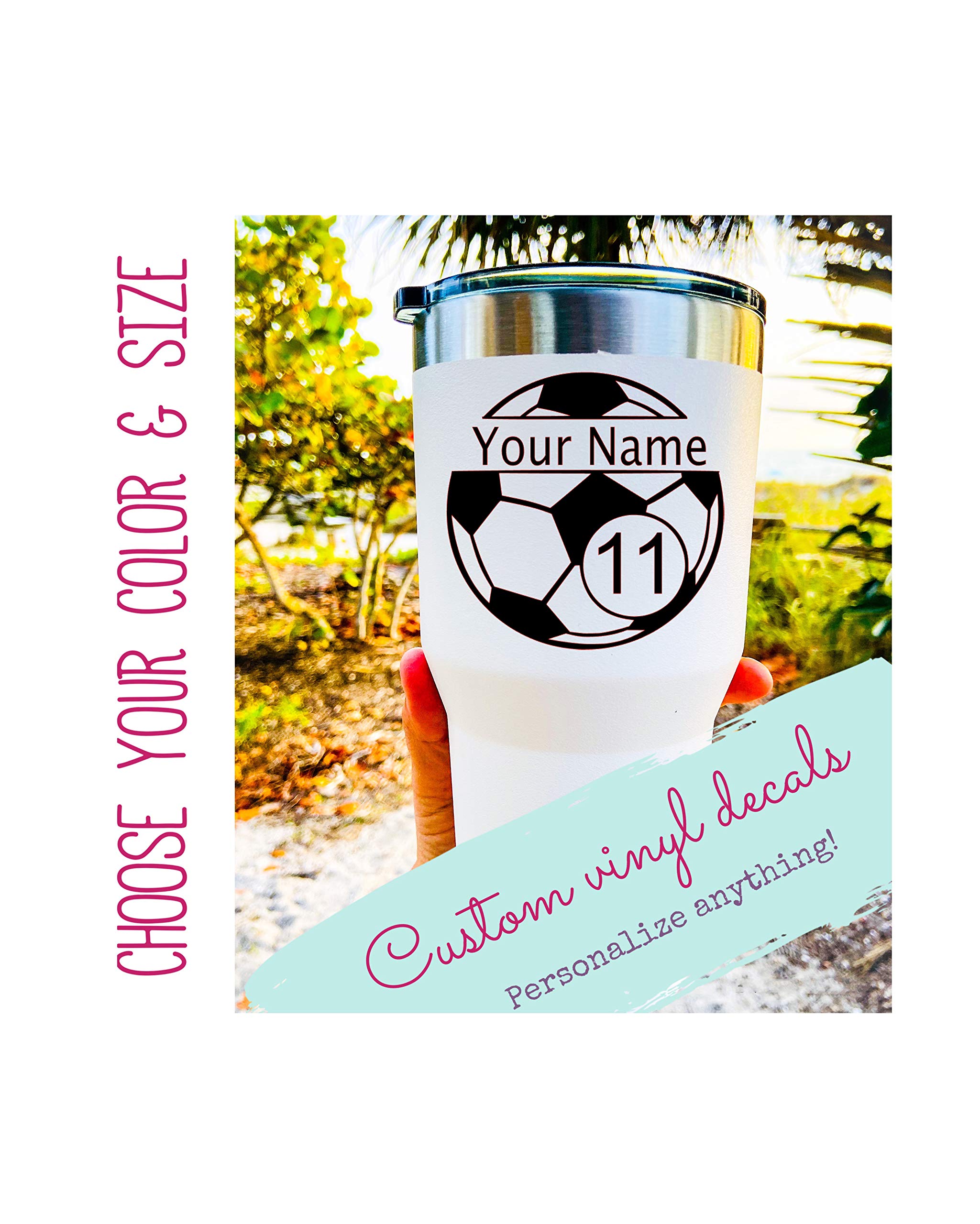 Custom Soccer Vinyl Decal - Fútbol Bumper Sticker, for Tumblers, Laptops, Car Windows - Pick Your Players Name, Number, Size and Color