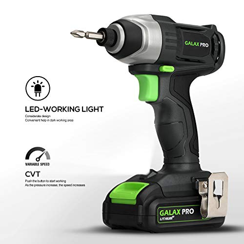 GALAX PRO Impact Driver 20 V Lithium Ion 1/4" Hex Cordless Driver with LED Work Light, 6 Pieces Screwdriver Bits, Variable Speed (0-2800 RPM)- 1.3 Ah Battery and Charger Included