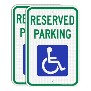 (2 pack) reserved parking sign, handicap parking sign, with picture of wheelchair sign, 18 x 12 engineer grade reflective sheeting rust free aluminum, weather resistant, waterproof, durable ink