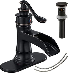 bathroom faucet oil rubbed bronze waterfall sink bath faucets farmhouse spout lavatory vanity deck mount single-handle one hole matching pop up drain stopper supply lines hose lead-free by bathfinesse