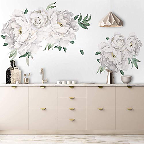 Murwall White Peony Wall Stickers Floral Decals for Bethroom Kitchen