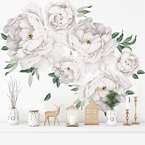 Murwall White Peony Wall Stickers Floral Decals for Bethroom Kitchen