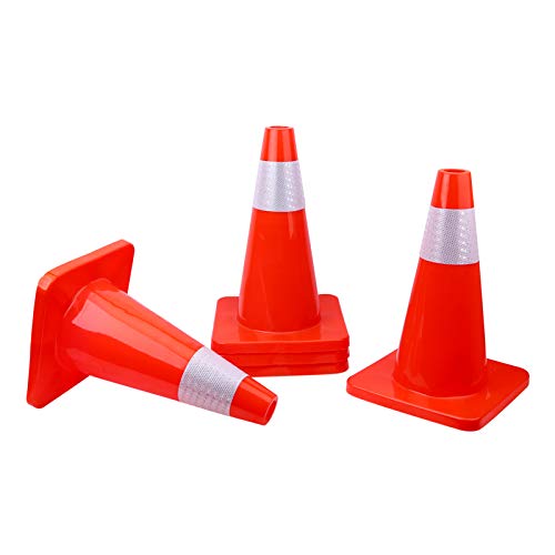 [ 10 Pack ] 18" Traffic Cones PVC Safety Road Parking Cones Weighted Hazard Cones Construction Cones for Traffic Fluorescent Orange w/4" Reflective Strips Collar