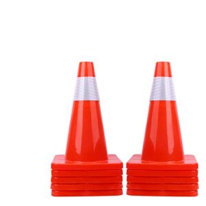 [ 10 pack ] 18" traffic cones pvc safety road parking cones weighted hazard cones construction cones for traffic fluorescent orange w/4" reflective strips collar