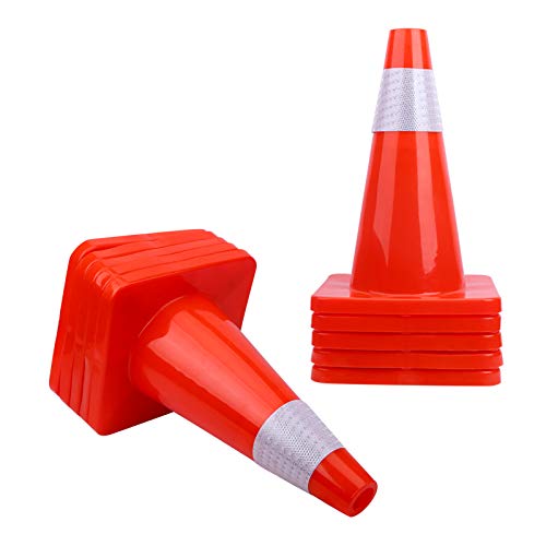 [ 10 Pack ] 18" Traffic Cones PVC Safety Road Parking Cones Weighted Hazard Cones Construction Cones for Traffic Fluorescent Orange w/4" Reflective Strips Collar