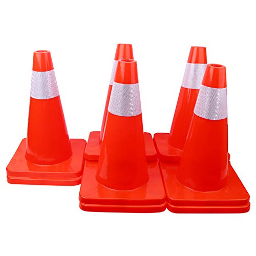 [ 10 Pack ] 18" Traffic Cones PVC Safety Road Parking Cones Weighted Hazard Cones Construction Cones for Traffic Fluorescent Orange w/4" Reflective Strips Collar