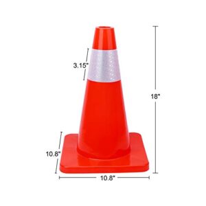 [ 10 Pack ] 18" Traffic Cones PVC Safety Road Parking Cones Weighted Hazard Cones Construction Cones for Traffic Fluorescent Orange w/4" Reflective Strips Collar