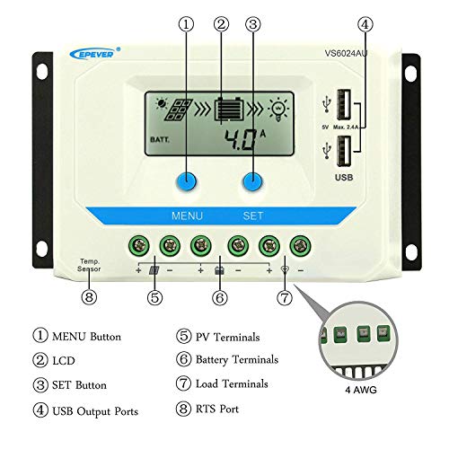 EPEVER 60A Solar Charge Controller 12V/24V, 60 amp Solar Regulator with Load Timer, Max 720W/12V, 1440W/24V Input, Dual USB 5V, fit for Lead-Acid Batteries