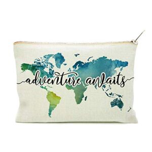 travel bag adventure awaits makeup case cosmetic bag nature linen world map makeup bag great gift for travel