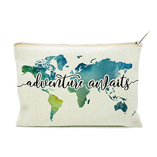 Travel Bag Adventure Awaits Makeup Case Cosmetic Bag Nature Linen World Map Makeup Bag Great Gift for Travel