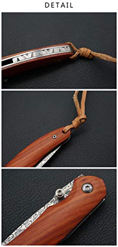 KUNSON Folding Pocket Knife 2.6” Damascus Steel Blade and Natural Classic Red Sandalwood Handle Design, Outdoor EDC Portable Carry Keychain Knife