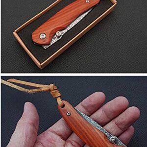 KUNSON Folding Pocket Knife 2.6” Damascus Steel Blade and Natural Classic Red Sandalwood Handle Design, Outdoor EDC Portable Carry Keychain Knife