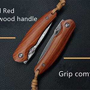 KUNSON Folding Pocket Knife 2.6” Damascus Steel Blade and Natural Classic Red Sandalwood Handle Design, Outdoor EDC Portable Carry Keychain Knife