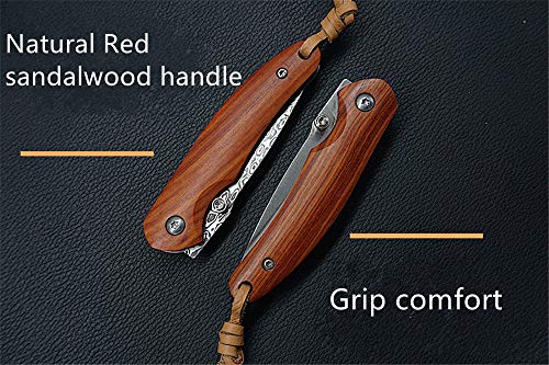 KUNSON Folding Pocket Knife 2.6” Damascus Steel Blade and Natural Classic Red Sandalwood Handle Design, Outdoor EDC Portable Carry Keychain Knife