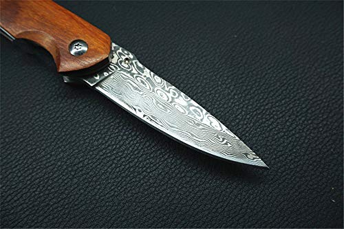 KUNSON Folding Pocket Knife 2.6” Damascus Steel Blade and Natural Classic Red Sandalwood Handle Design, Outdoor EDC Portable Carry Keychain Knife