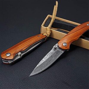 KUNSON Folding Pocket Knife 2.6” Damascus Steel Blade and Natural Classic Red Sandalwood Handle Design, Outdoor EDC Portable Carry Keychain Knife