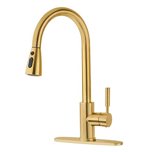 Fonveth Kitchen Faucet,Brushed Gold Kitchen Faucet with Pull Down Sprayer, Single Handle High Arc Pull Out Kitchen Sink Faucet, Single Hole Kitchen Faucet with Deck Plate，Upgrade Brushed Brass