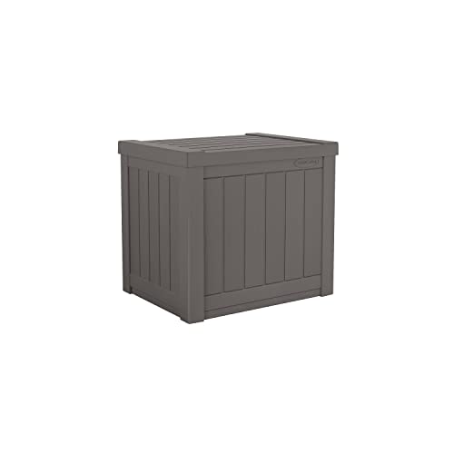 Suncast 22-Gallon Small Deck Box - Lightweight Resin Indoor/Outdoor Storage Container and Seat for Patio Cushions and Gardening Tools - Store Items on Patio, Garage, Yard - Stone Gray