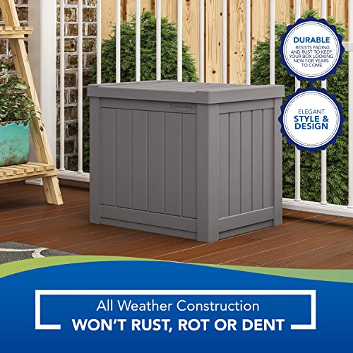 Suncast 22-Gallon Small Deck Box - Lightweight Resin Indoor/Outdoor Storage Container and Seat for Patio Cushions and Gardening Tools - Store Items on Patio, Garage, Yard - Stone Gray