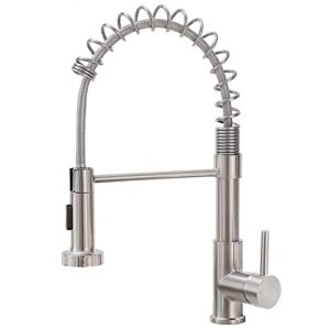 shaco commercial brushed nickel kitchen faucet with pull down sprayer, modern stainless steel single handle spring kitchen faucets for farmhouse outdoor rv camper laundry prep wet bar sink 1 hole