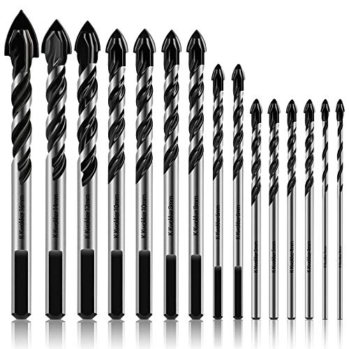 K Kwokker 15Pcs Masonry Drill Bit Set 5/8" to 1/8", Tungsten Carbide Tile Drill Bits, Ceramic Drill Bits for Pots, Brick, Cement, Glass, Stucco, Stone, Marble, Plastic, Wood, with Storage Case